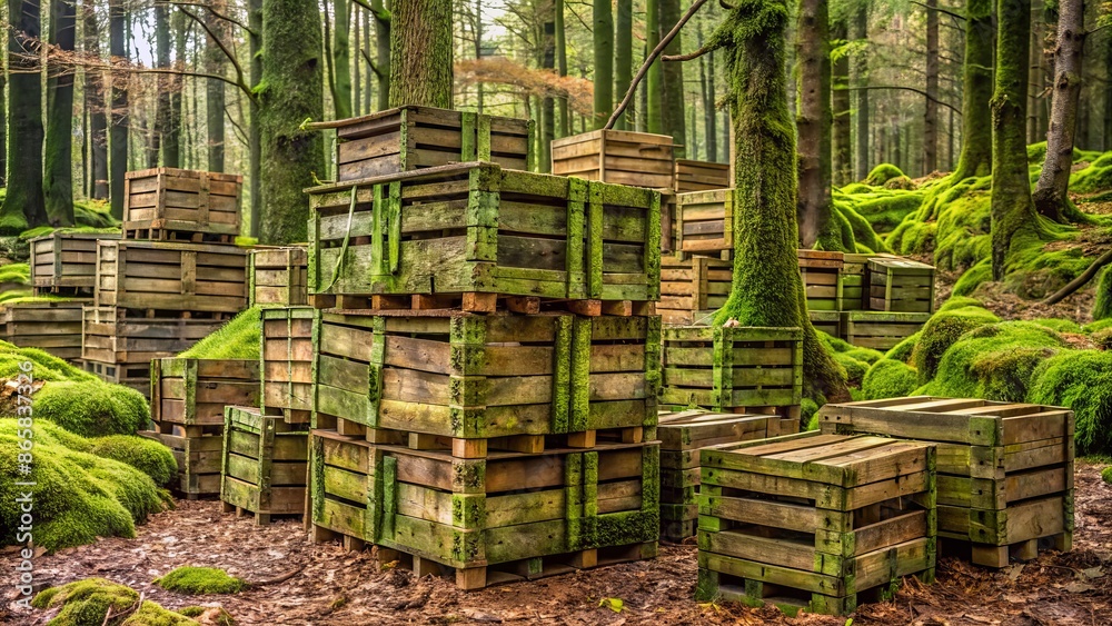 Moss-covered wooden crates stacked among rustic tree trunks and dense ...