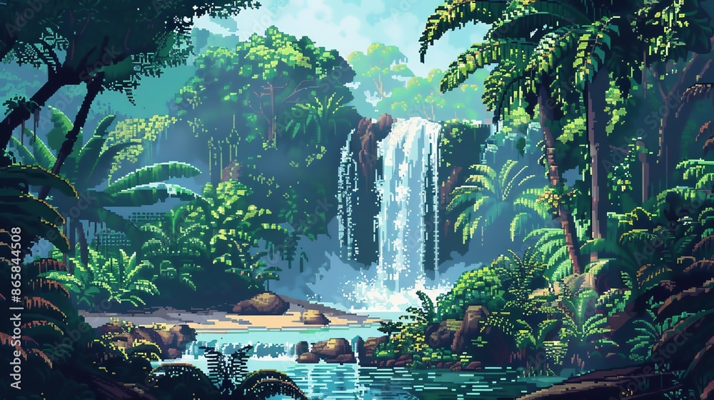 Pixel art of tropical rainforest, waterfall, 32bit retro style, dense ...