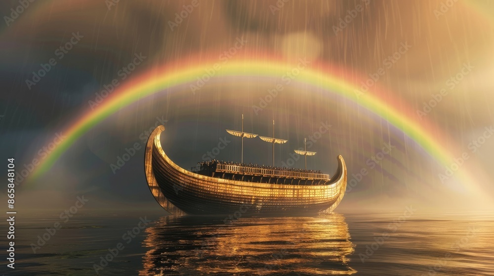 Rainbow over the Noahs ark. Bible story. Stock Illustration | Adobe Stock