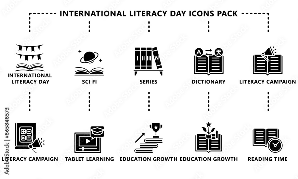 International Literacy Day black outline icons pack. contain book ...