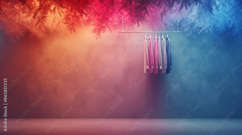 Colorful gradient background with a hanging rack featuring stylish ...