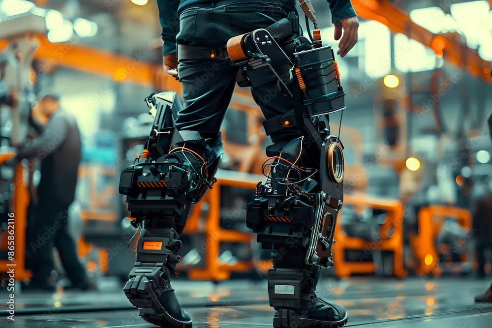 Engineer wearing an exoskeleton suit working in a high-tech factory ...