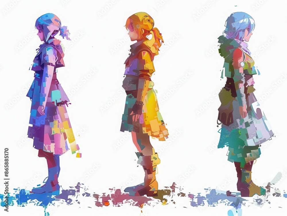 3 Digital pixel sprites flat design side view anime theme water color ...