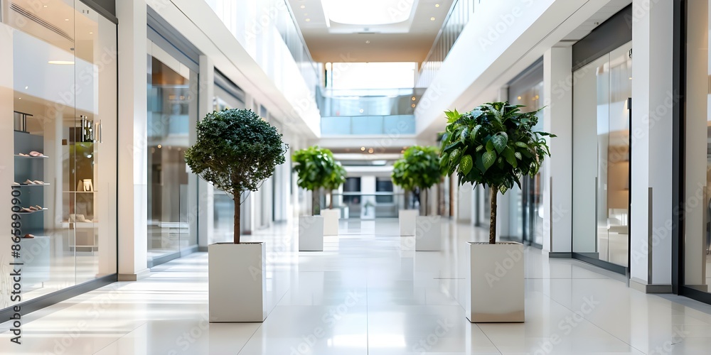 Spacious shopping mall with natural light greenery and open layout for ...