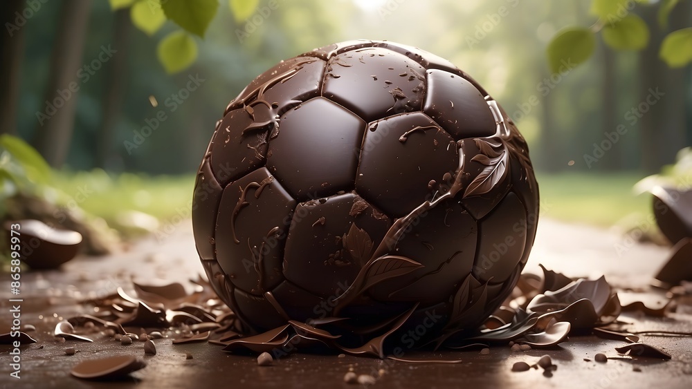 World chocolate day, chocolate soccer ball in a forest with cocoa beans ...