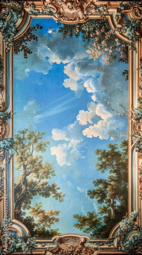 Baroque Frame Ceiling Mural with Dramatic Blue Sky Depicting Paradise ...