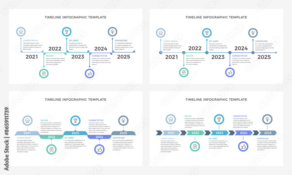 Four timeline infographic templates with five elements, presentation ...