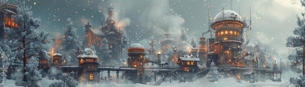 Steampunk winter village with mechanical structures and steampowered ...