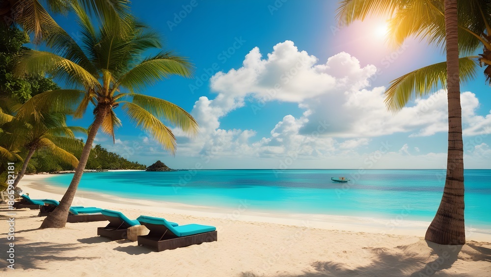 Idyllic Tropical Beach Paradise with Pristine Turquoise Waters, Swaying Palm Trees, and Relaxing ...