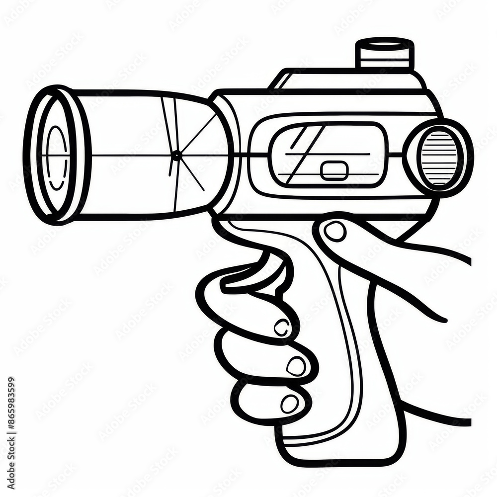 Black and white line drawing of a hand holding a futuristic ray gun ...