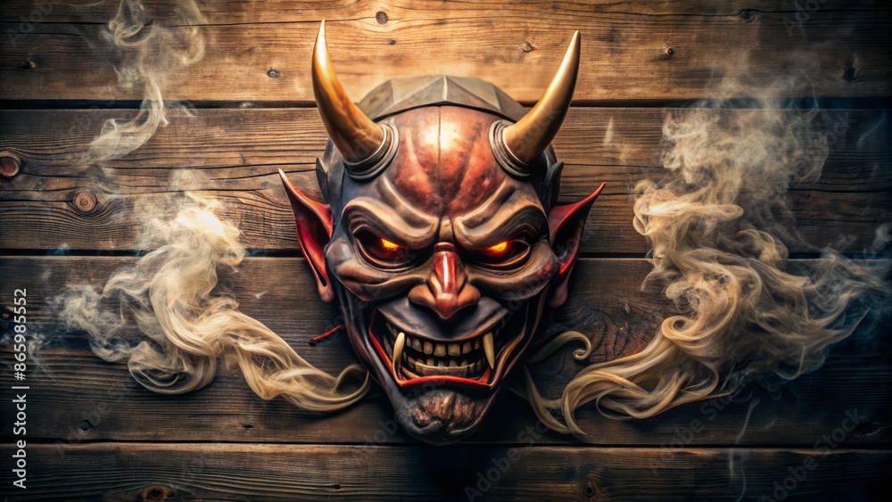 Ancient Japanese demon-inspired oni mask display isolated on worn ...