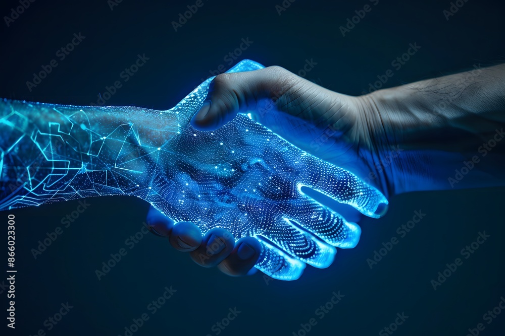 hand shaking between human and digital hand, integration between human ...