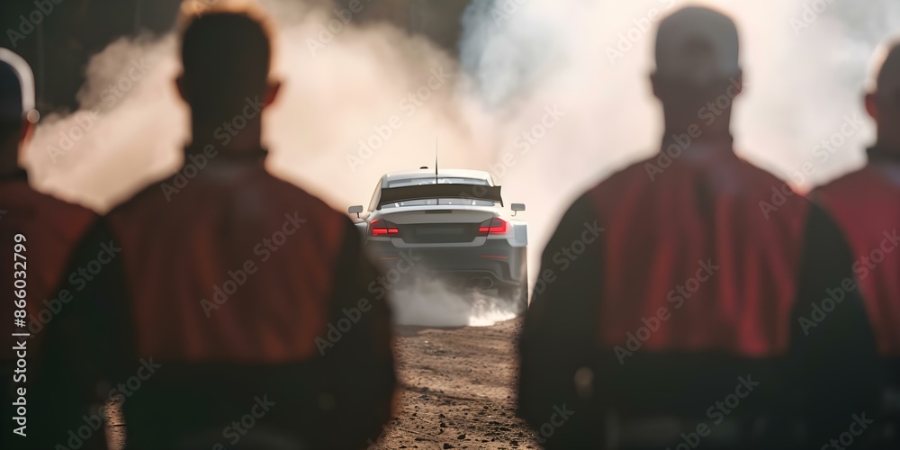 Five men facing away watching rally cars with white smoke black ...