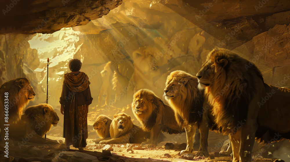 Photo Stock Daniel in the Lions' Den. This powerful illustration depicts the biblical scene of ...