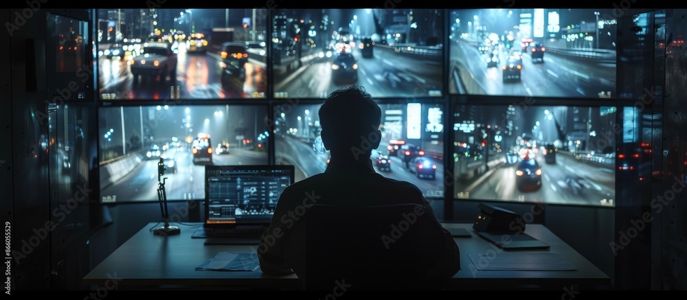 wide banner of security CCTV cameras and guard monitoring screen hud UI ...