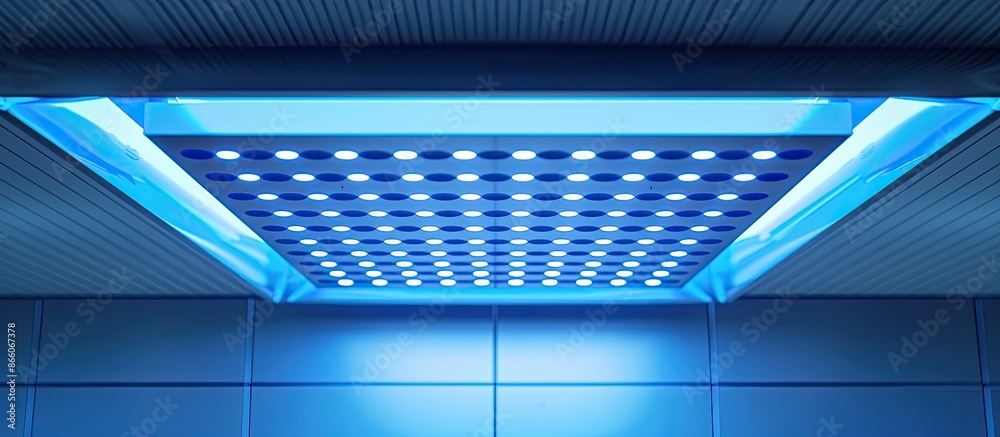 suspended ceiling of square porous plates and built-in LED lamp. with ...
