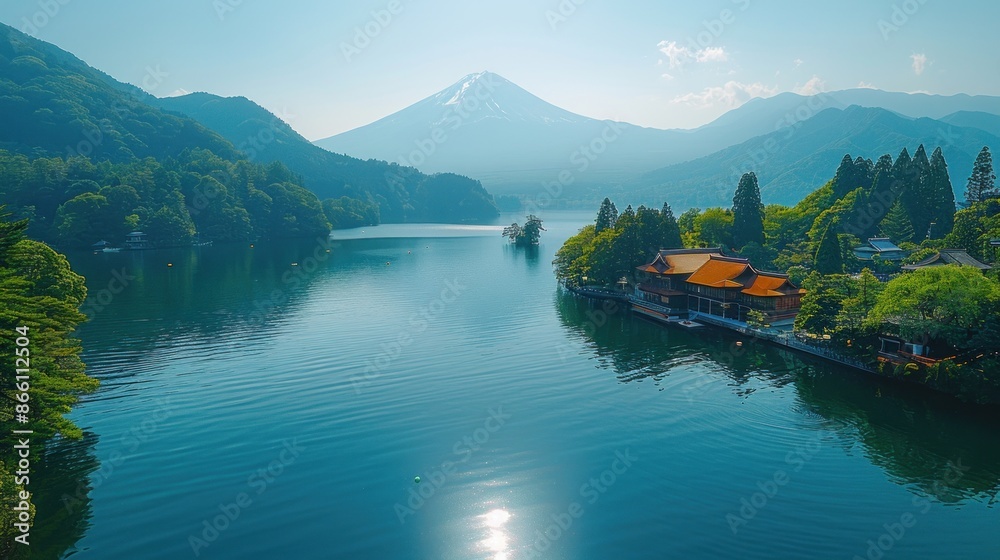 Scenic drone capture of Lake Ashi with a view of Hakone Shrine and ...