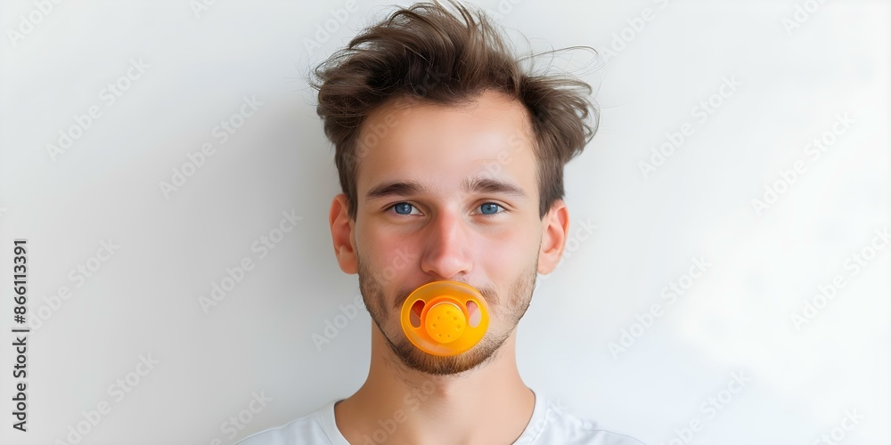 Comical man with pacifier in mouth on white background. Concept Comical ...