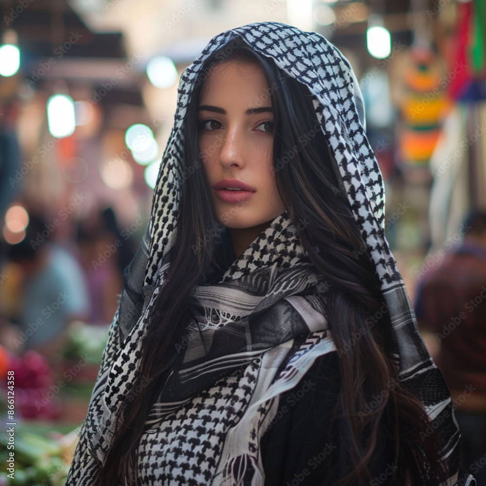 arabic model wearing black and white palestinian keffiyeh, long hair ...