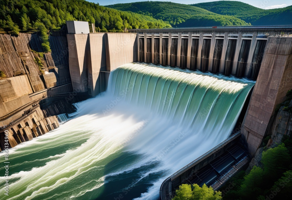 powerful hydroelectric dam cascading waterfalls generating energy ...