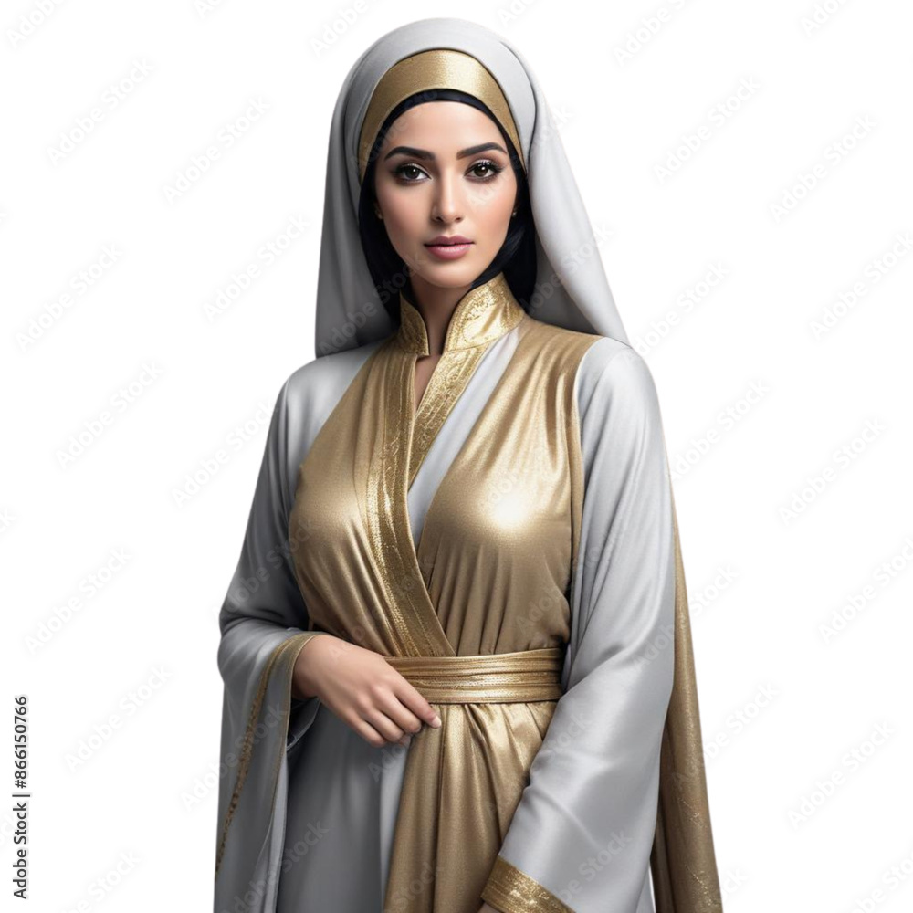 Saudi woman in hijab and traditional formal Abaya on Isolated transparent background png ...