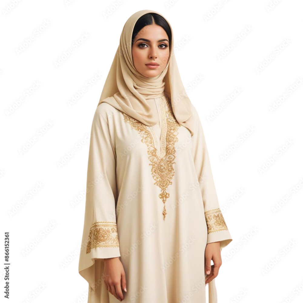 Saudi woman in hijab and traditional formal Abaya on Isolated transparent background png ...