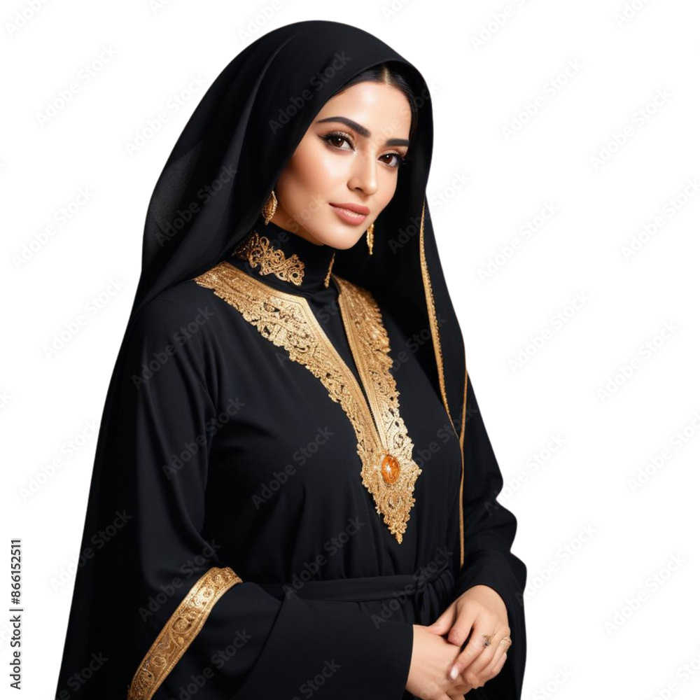 Saudi woman in hijab and traditional formal Abaya on Isolated transparent background png ...