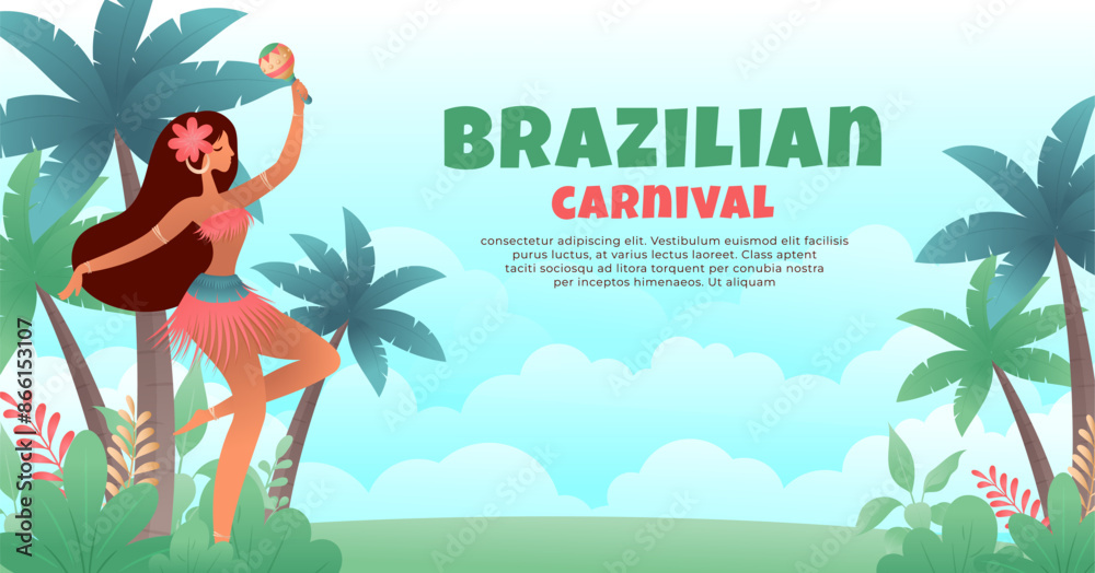 Brazilian carnival cartoon banner template, a girl dancing samba with ...