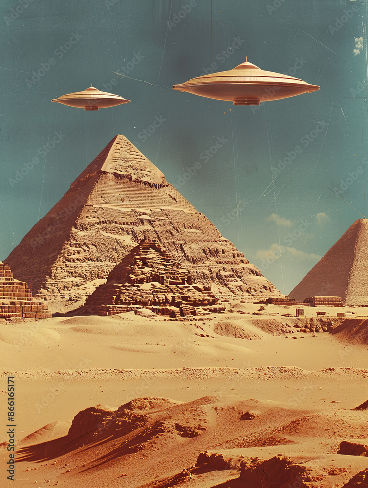 Stock-Foto „UFO spaceships over pyramids in color 1950s 1960s retro ...