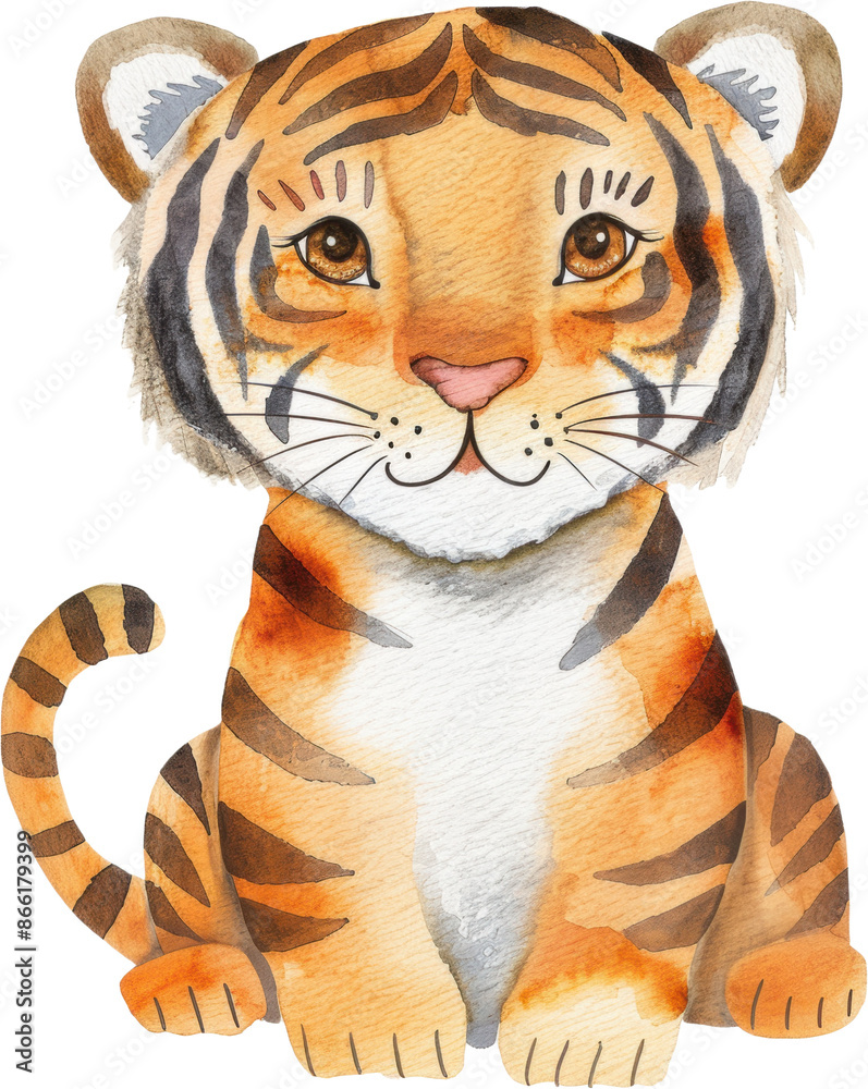 Adorable watercolor illustration of a tiger clipart for kids, featuring ...