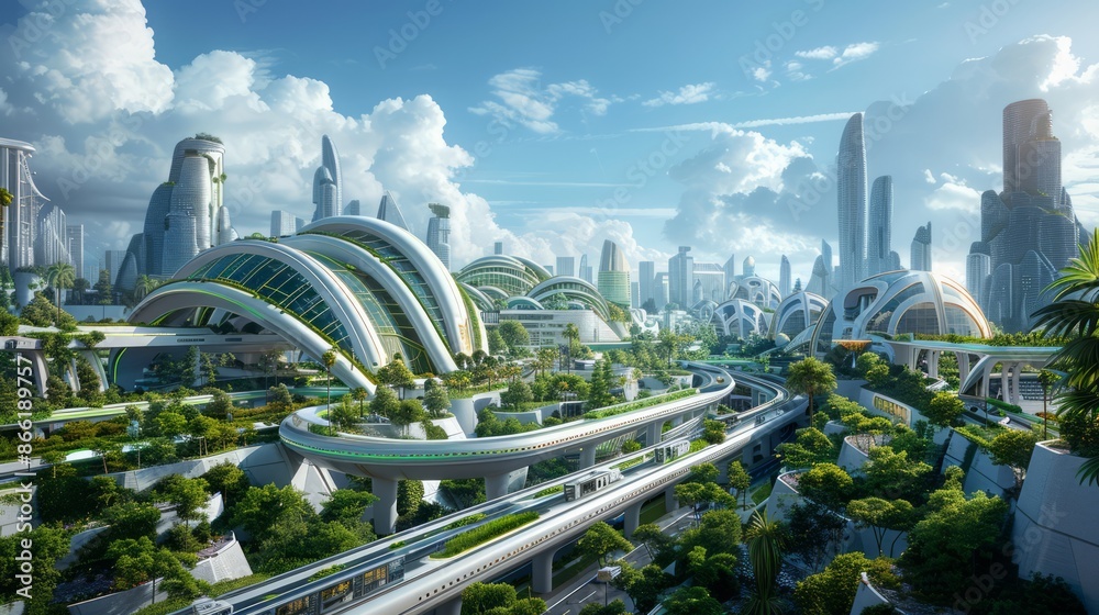a hyperreal futuristic urban landscape with integrated green spaces ...