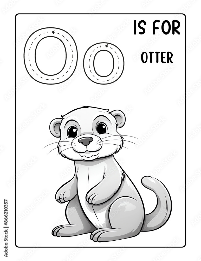 Cute cartoon otter holding the letter O, coloring page for kids with a ...