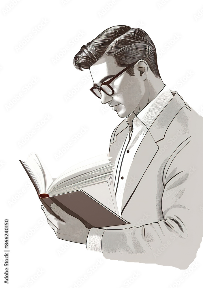 Cartoon young man reading a book. Clipart. Isolated background ...