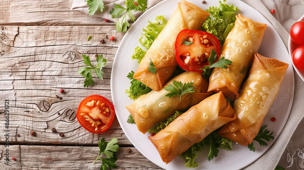 Traditional Indonesian egg rolls or lumpia on a white plate. Lumpia are ...