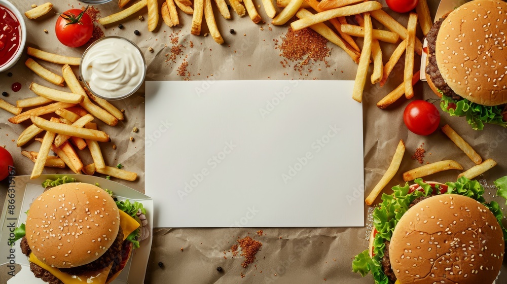 Blank Menu Template with Burgers, French Fries, Ketchup and Mayo, Food ...