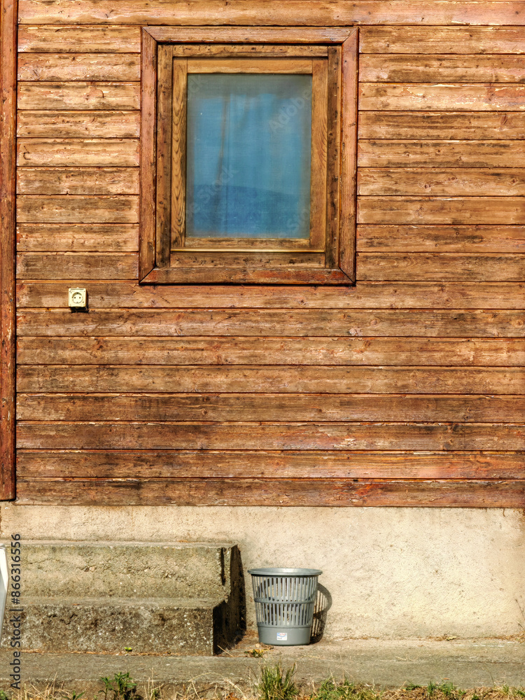 Forest Cabin House. Window Frame with Wooden Planks Background and ...