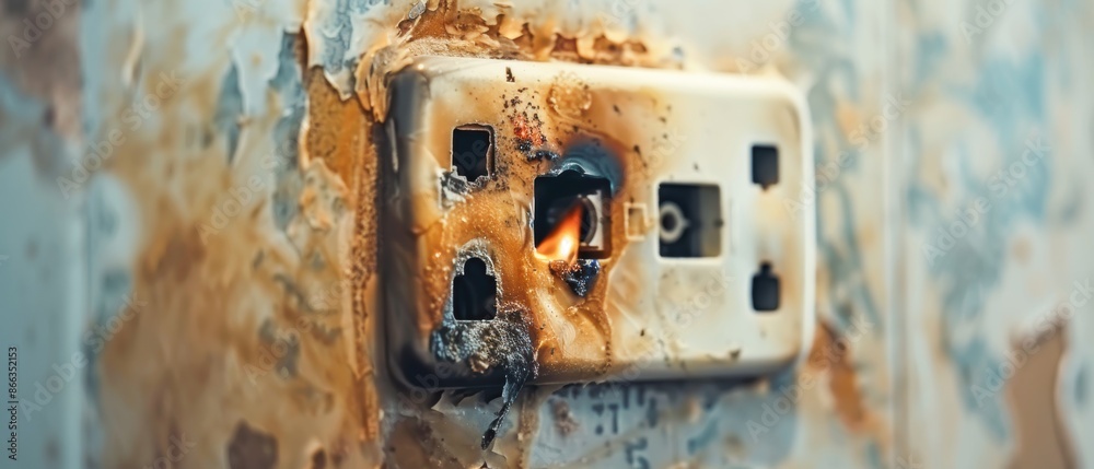 Burnt electrical plug in a wall socket, electrical short circuit, fire ...