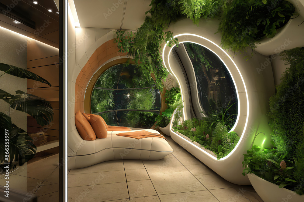 Futuristic interior design for a space habitat featuring plants growing ...