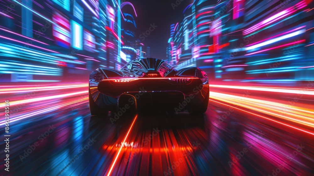 Rear view of Futuristic Car with high fast and speed through neon mega ...