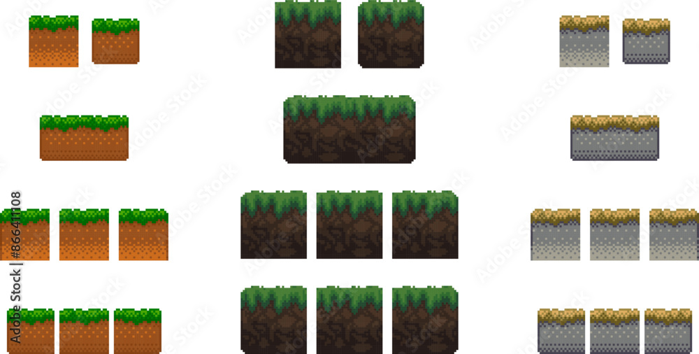 Pixel art ground platform tile set. Different square texture grid ...