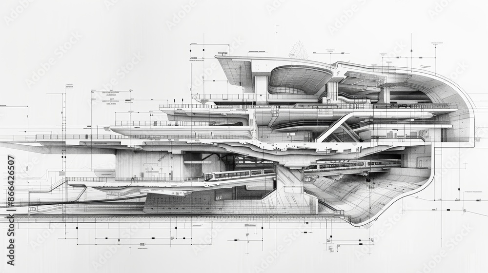 Cross-section CAD drawing of a huge brutalist train station, with ...