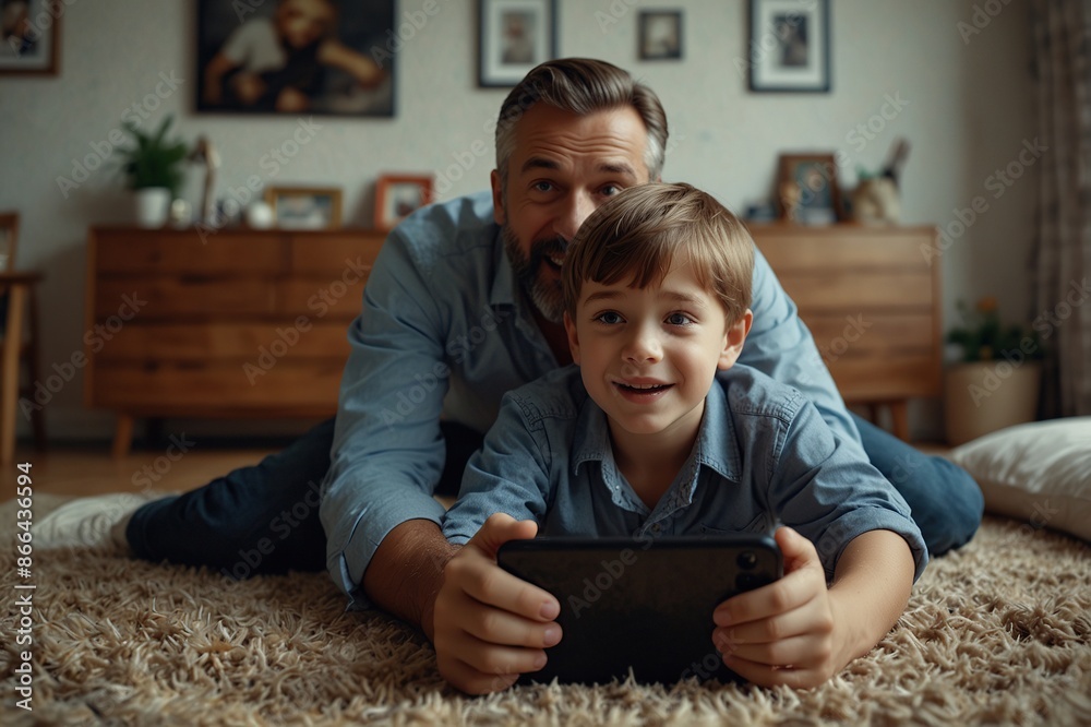 Little boy making selfie on smartphone with father, lying on floor in ...