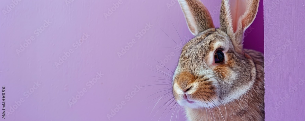 Curious rabbit peeking around the corner with a purple background ...