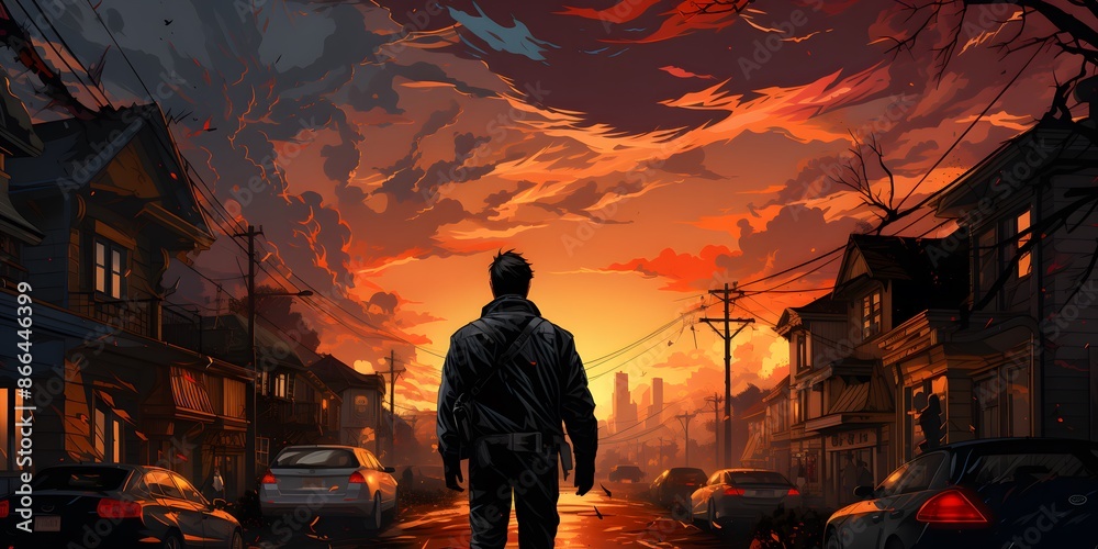 Vector illustration of police officer patrolling street, Comic book ...
