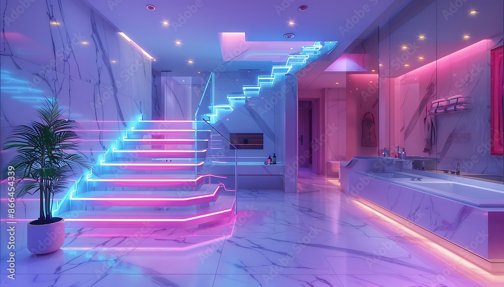 Refined L-shape floating neon stairs with RGB LED under-tread lights ...