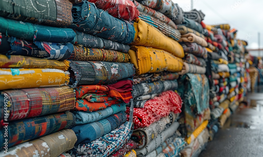 Textile waste awareness: Large fabric pile for recycling and upcycling ...