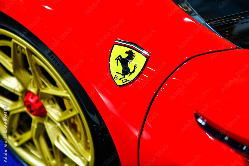 Thailand - June 28,2024: Logo of ferrari on the red super car in ...