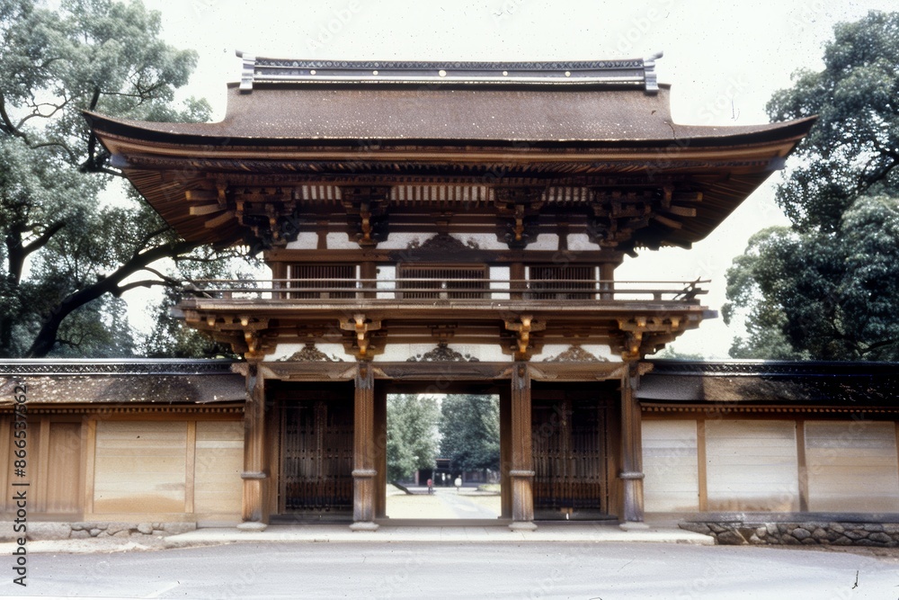 Japanese university entrance gate with students entering, traditional ...