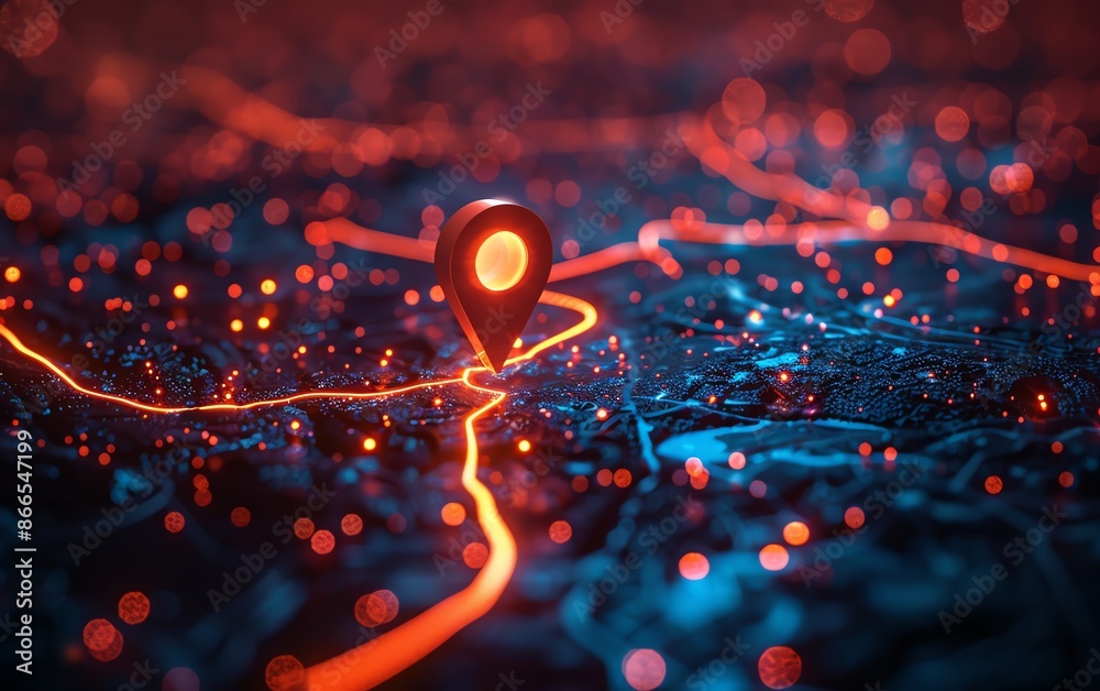 Digital GPS location on map with pin route path, futuristic concept, AI generated, high detail ...