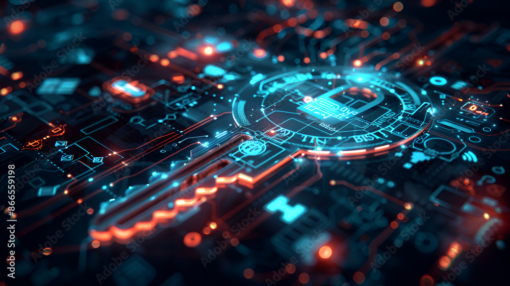 digital representation of a key, surrounded by various technological ...